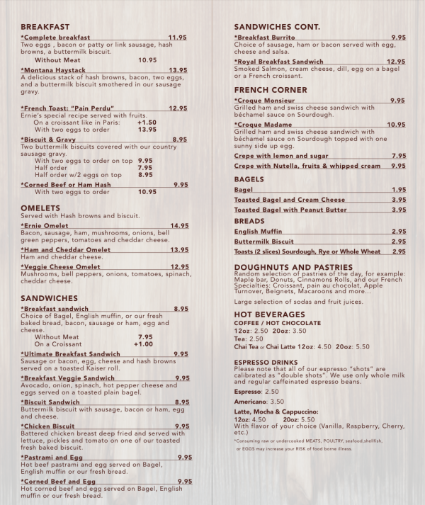 Menus | Ernie's Bakery & Deli